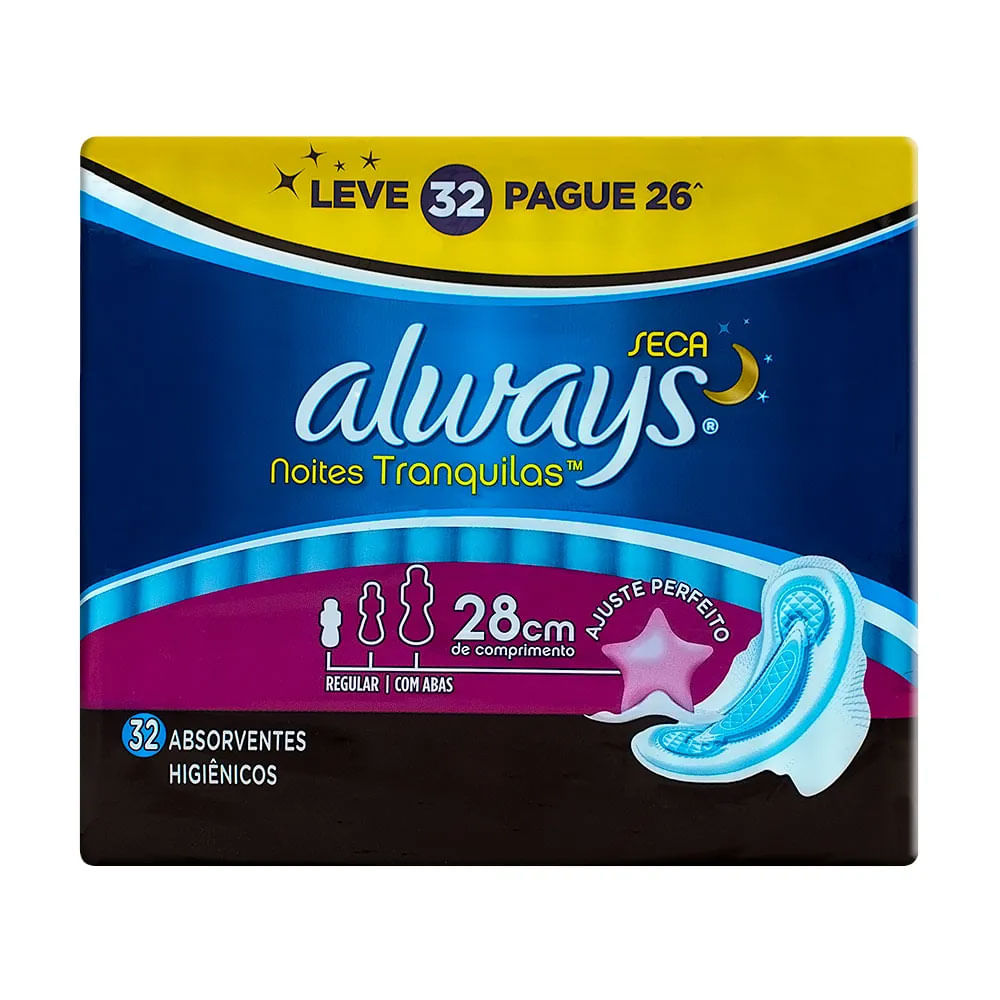 Absorvente Always Noites Tranquilas Cobertura Seca Com Abas Leve 32 ...