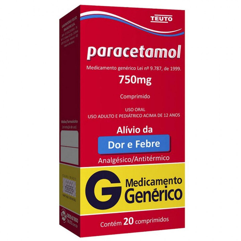 Paracetamol 750mg 20 comprimidos Generico Teuto - Farma 22