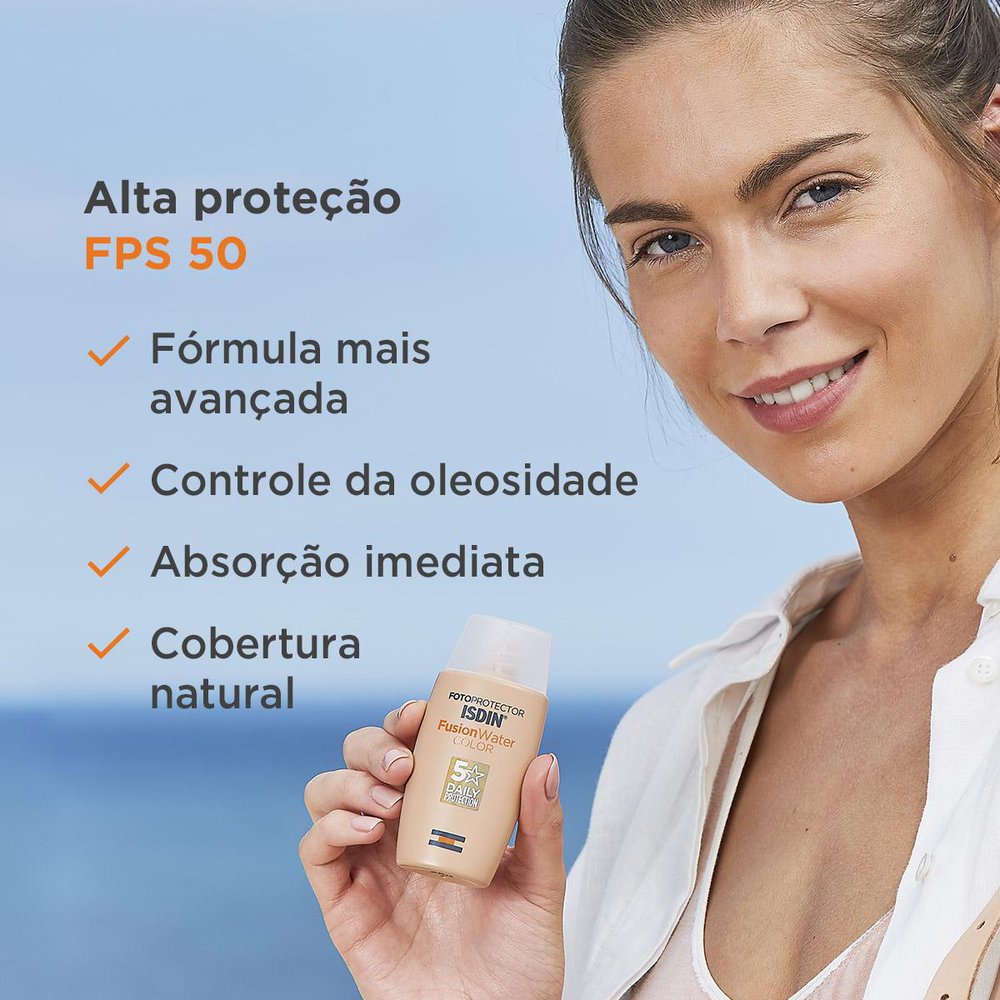 Protetor Solar Facial ISDIN Fotoprotector Fusion Water Oil Control Cor Média FPS50 50ml - Farma 22