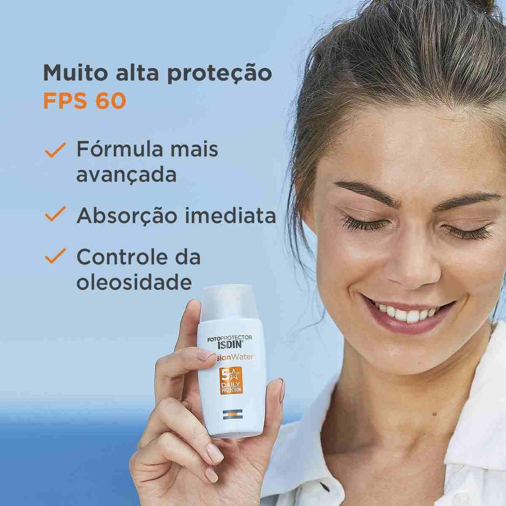 Protetor Solar Facial ISDIN Fusion Water 5 Stars Sem Cor FPS 60 - 50ml - Farma 22