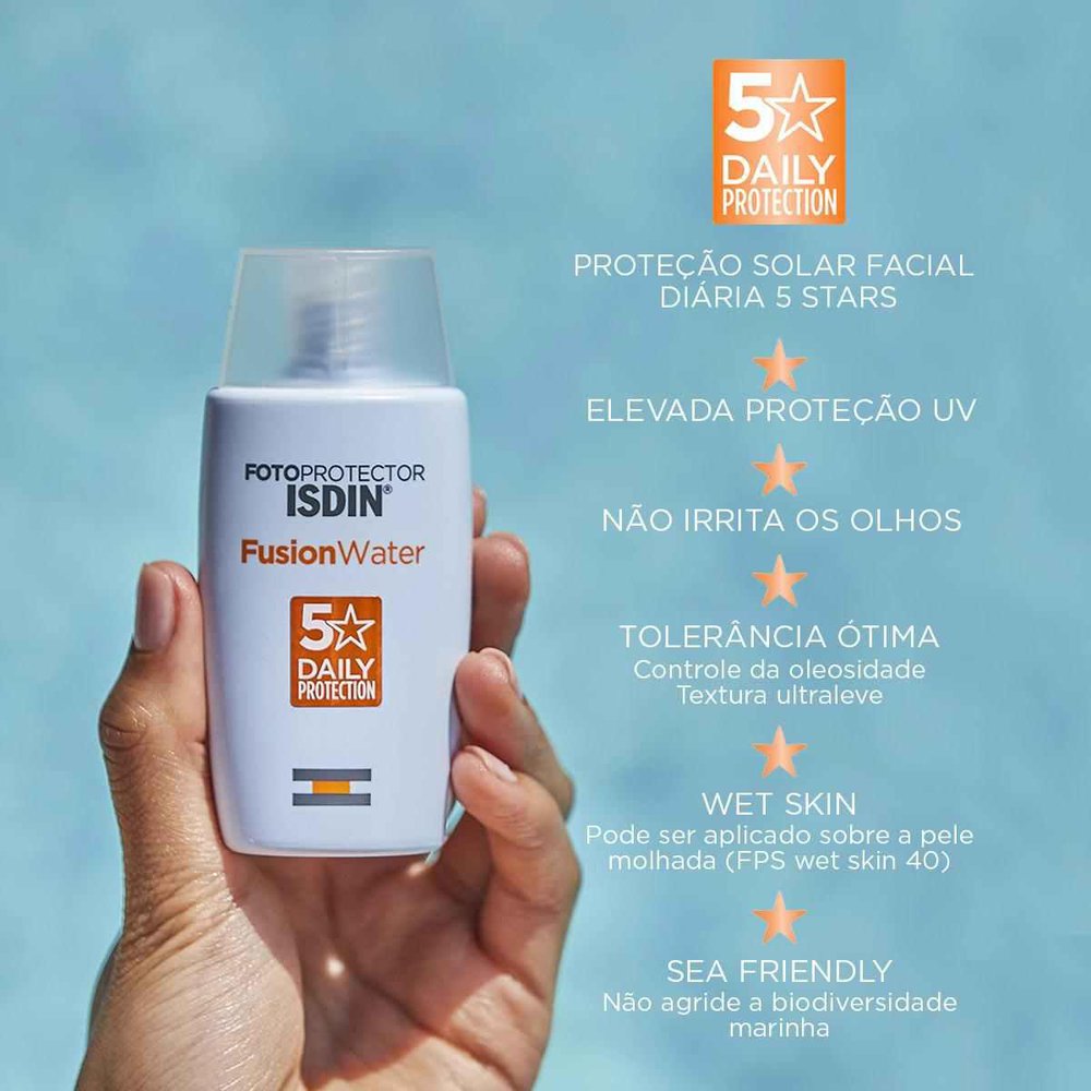 Protetor Solar Facial ISDIN Fusion Water 5 Stars Sem Cor FPS 60 - 50ml - Farma 22